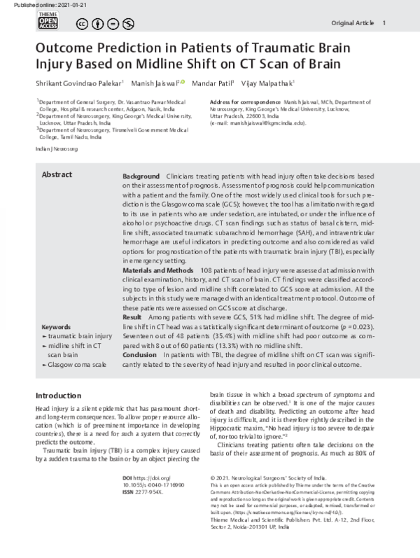 (PDF) Outcome Prediction in Patients of Traumatic Brain Injury Based on ...