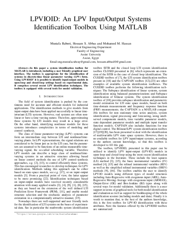Pdf Lpvioid An Lpv Inputoutput Systems Identification Toolbox Using Matlab