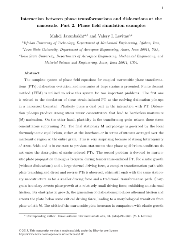 (PDF) Interaction between phase transformations and dislocations at the nanoscale. Part 1 ...