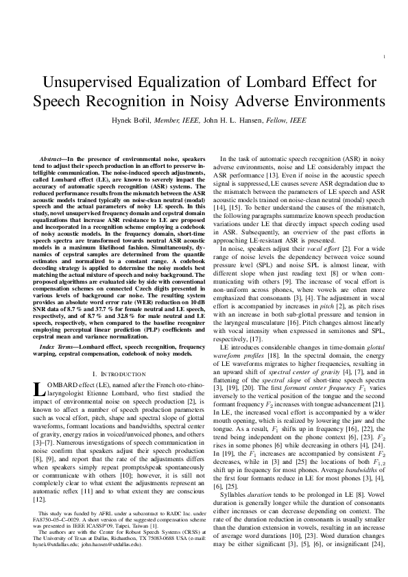 (PDF) Unsupervised equalization of Lombard effect for speech ...