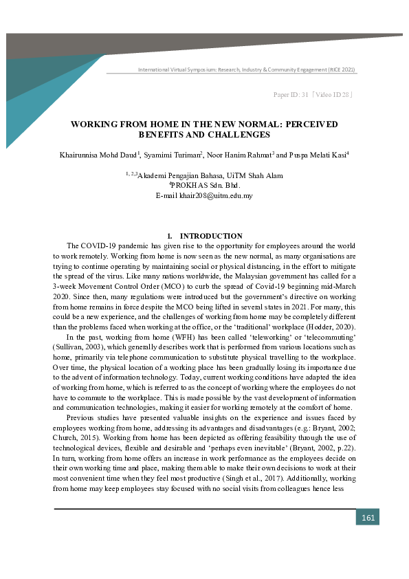 (PDF) WORKING FROM HOME IN THE NEW NORMAL: PERCEIVED BENEFITS AND ...