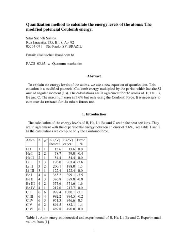 (PDF) Quantization Method to Calculate the Energy Levels of the Atoms ...