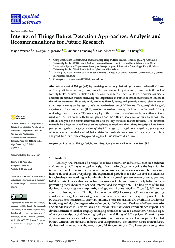 Pdf Internet Of Things Botnet Detection Approaches Analysis And