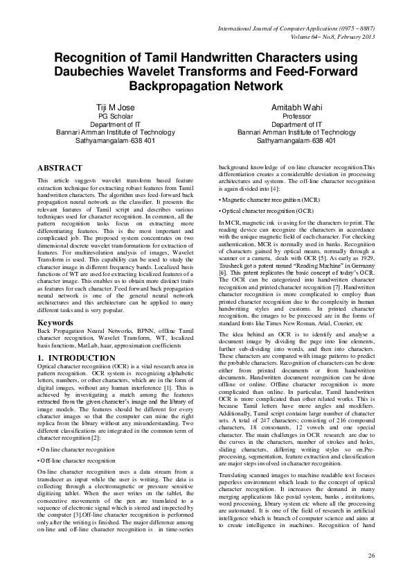 Pdf Tamil Character Recognition Via Wavelet Transform