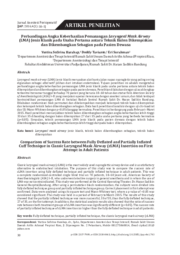 (PDF) Perbandingan Angka Keberhasilan Pemasangan Laryngeal Mask Airway (LMA) Jenis Klasik pada ...