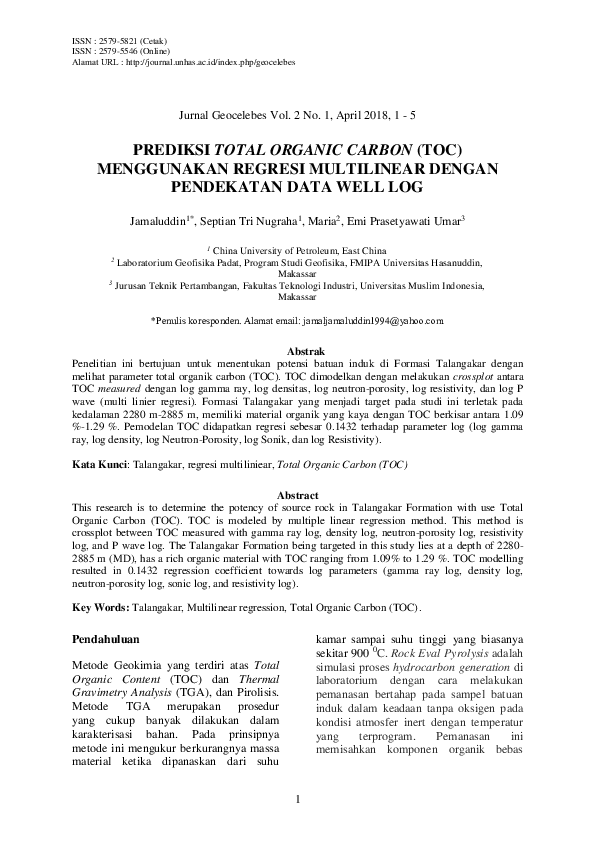 (PDF) Prediksi Total Organic Carbon (Toc) Menggunakan Regresi ...