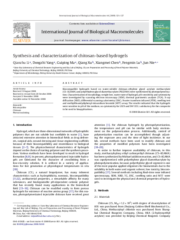 (PDF) Synthesis and characterization of chitosan-based hydrogels