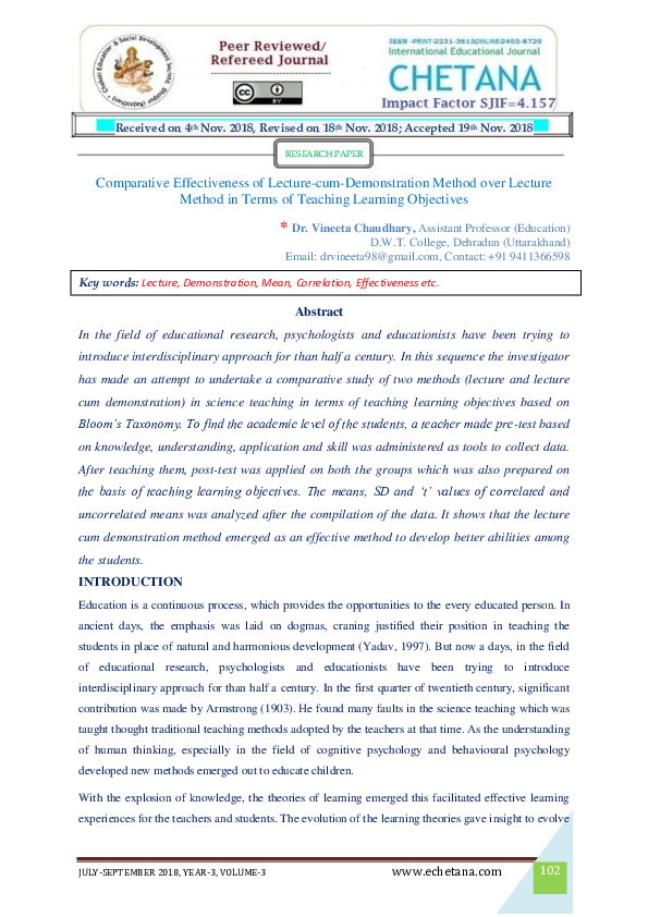 (PDF) Comparative Effectiveness of Lecture-cum-Demonstration Method over Lecture Method in Terms ...