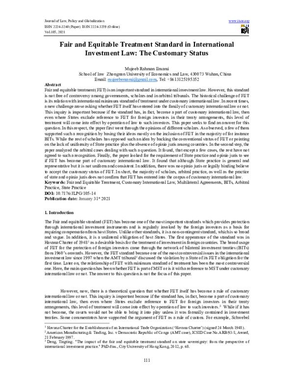 (PDF) Fair and Equitable Treatment Standard in International Investment ...