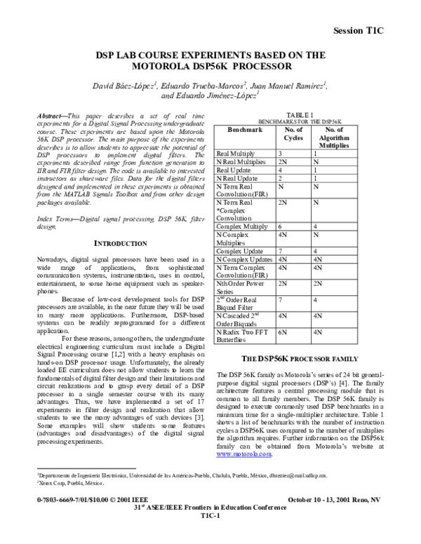 Pdf Dsp Lab Course Experiments Based On The Motorola Dsp56k Processor David Baez