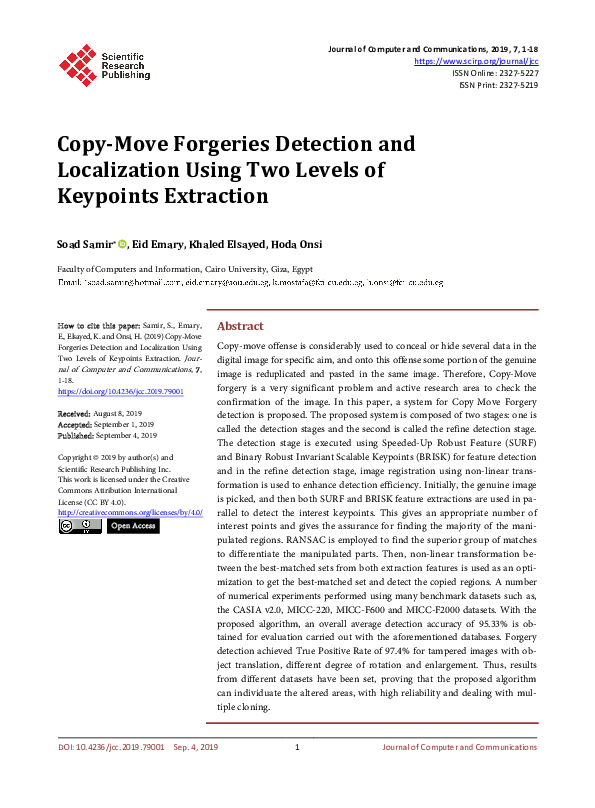 (PDF) Copy-Move Forgeries Detection and Localization Using Two Levels of Keypoints Extraction