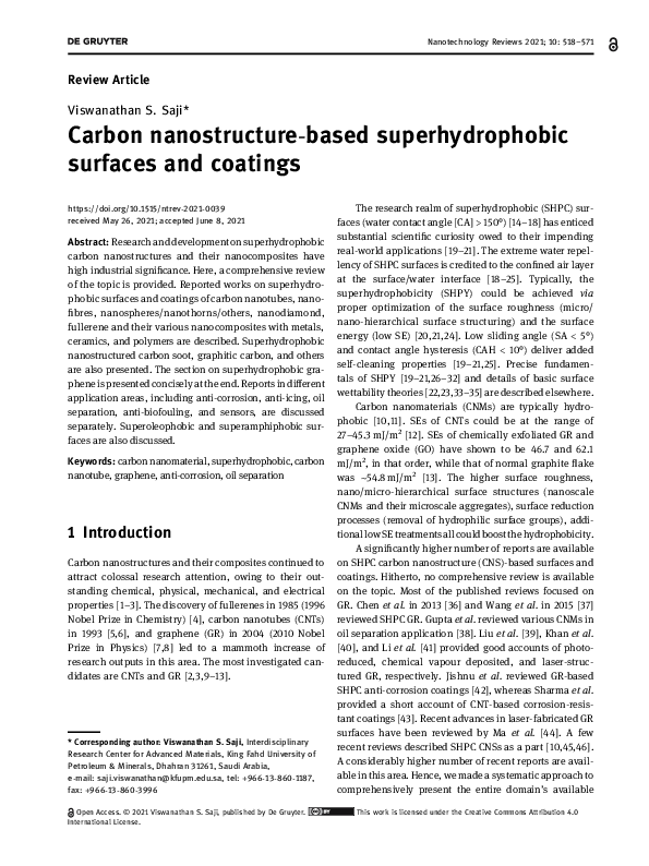 (PDF) Carbon nanostructure-based superhydrophobic surfaces and coatings