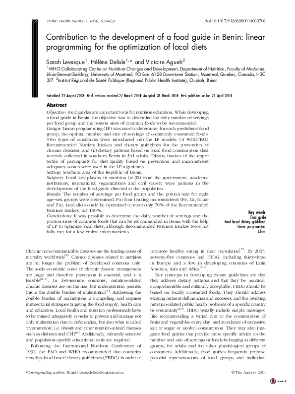 (PDF) Contribution to the development of a food guide in Benin: linear ...