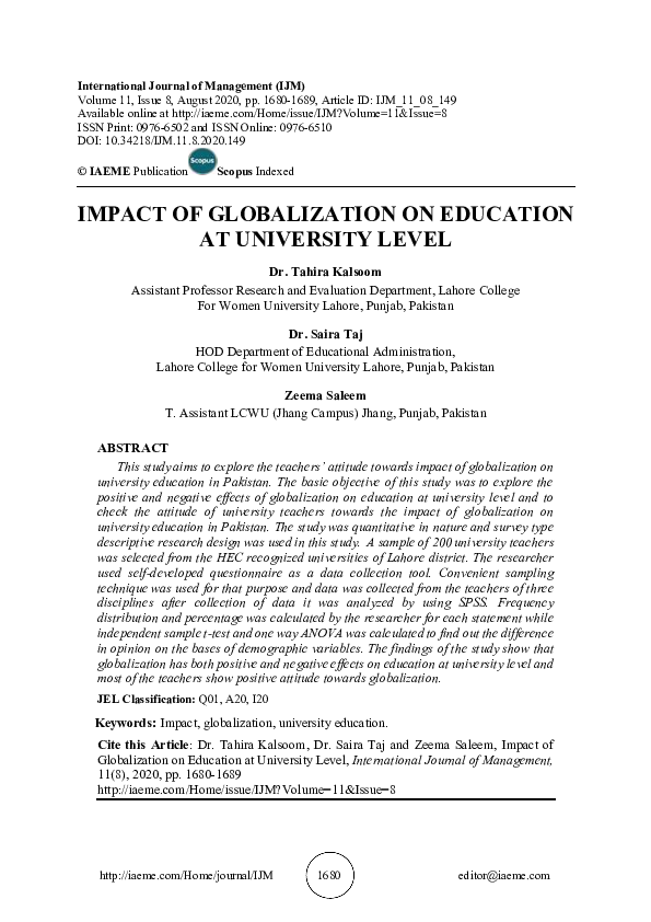 (PDF) IMPACT OF GLOBALIZATION ON EDUCATION AT UNIVERSITY LEVEL
