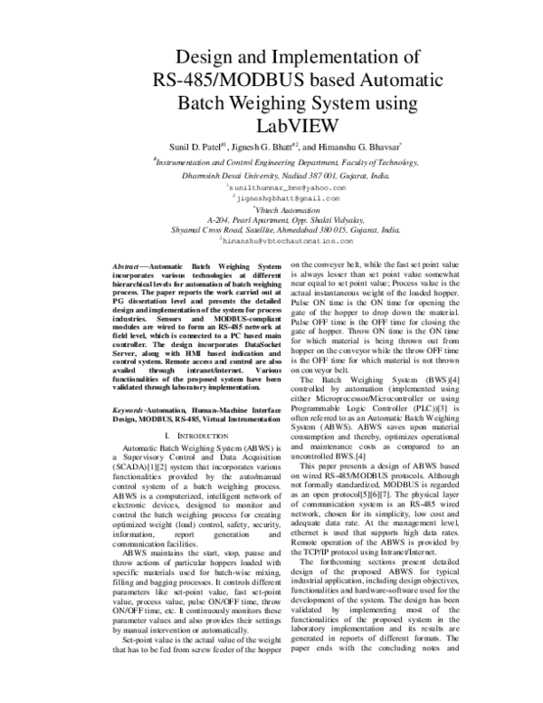 Pdf “design And Implementation Of Rs 485modbus Based Automatic Batch Weighing System Using 