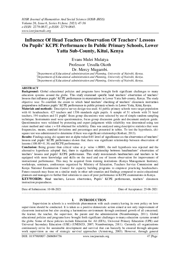 (PDF) Influence Of Head Teachers Observation Of Teachers' Lessons On Pupils' KCPE Performance In ...