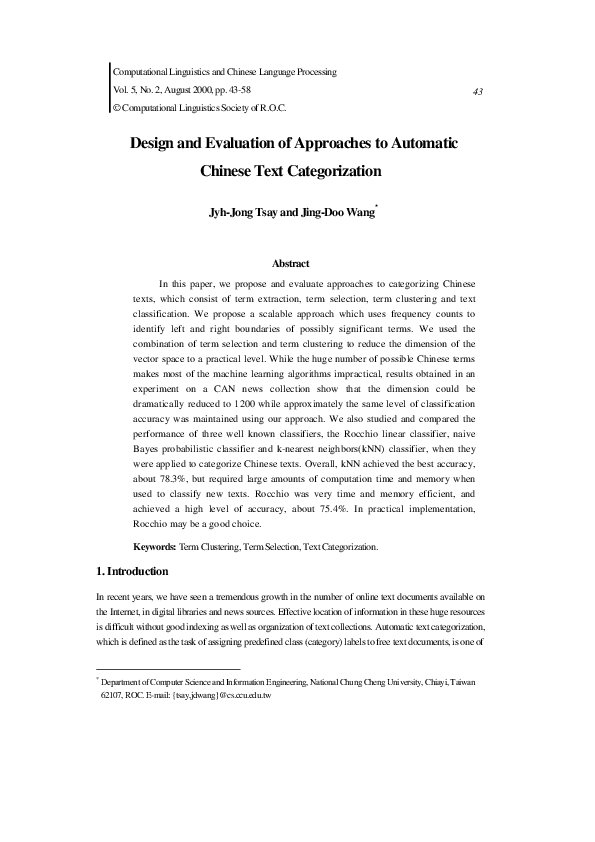 (PDF) Design and Evaluation of Approaches to Automatic Chinese Text ...