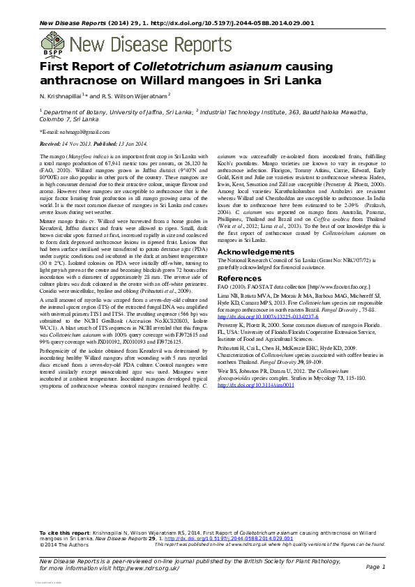 (PDF) First Report of Colletotrichum asianum causing anthracnose on ...