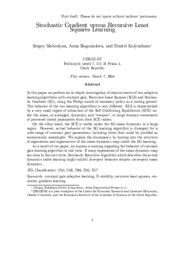 (PDF) Stochastic Gradient Versus Recursive Least Squares Learning