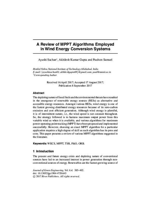 (PDF) A Review of MPPT Algorithms Employedin Wind Energy Conversion Systems