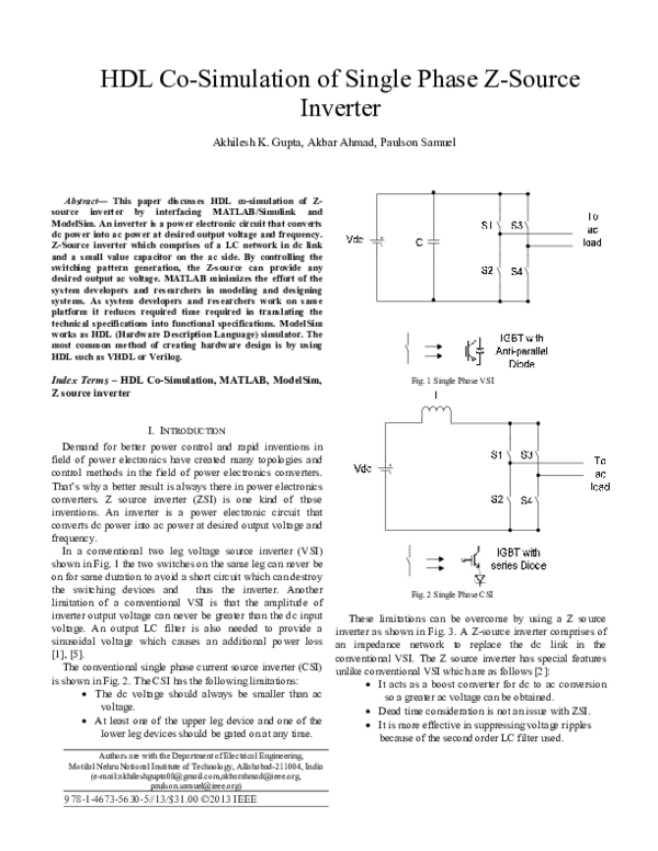 (PDF) HDL Co-Simulation of Single Phase Z-Source Inverter