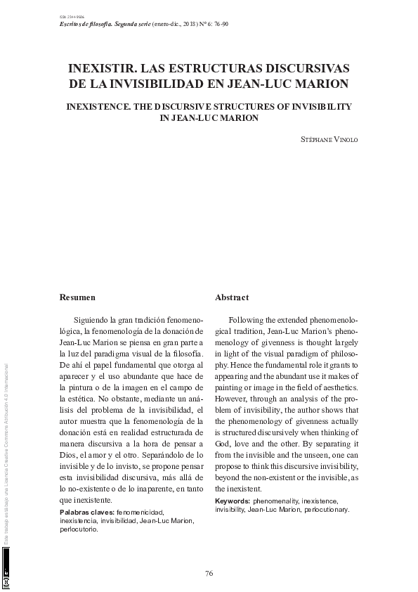 (PDF) Vinolo S. (2020) Inexistir - Las estructuras discursivas de la invisibilidad en Jean-Luc ...