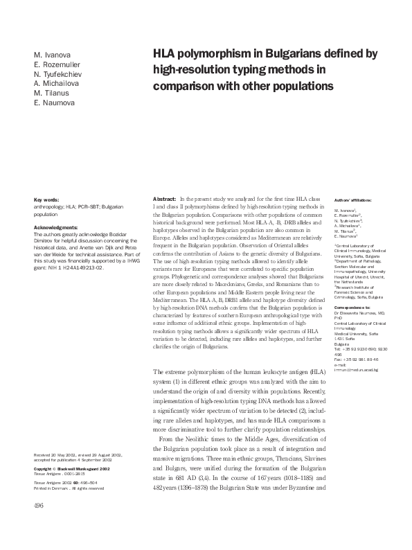 (PDF) HLA polymorphism in Bulgarians defined by high-resolution typing methods in comparison ...