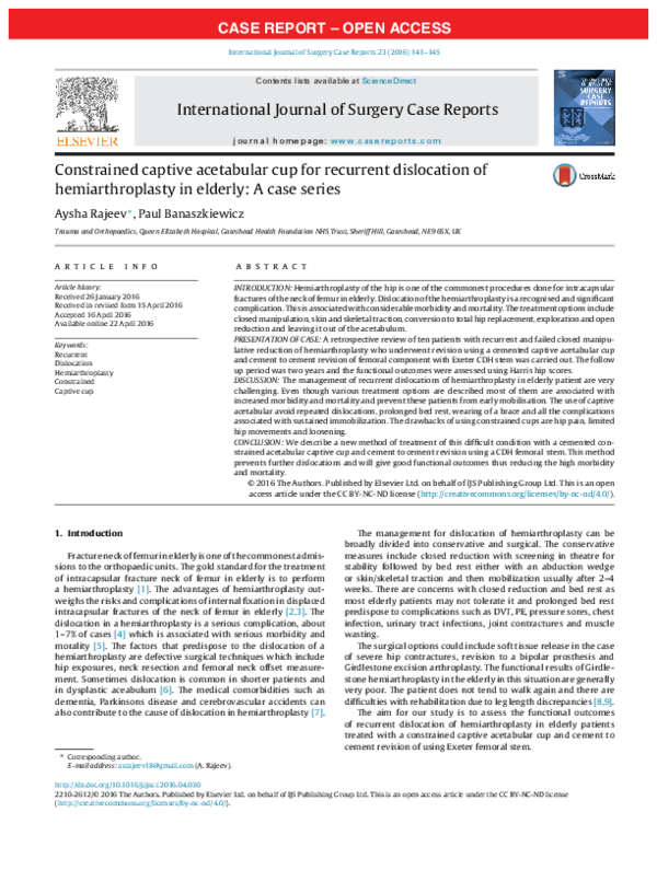 Pdf Constrained Captive Acetabular Cup For Recurrent Dislocation Of Hemiarthroplasty In
