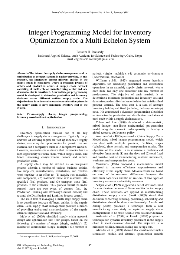 (PDF) Integer Programming Model for Inventory Optimization for a Multi ...
