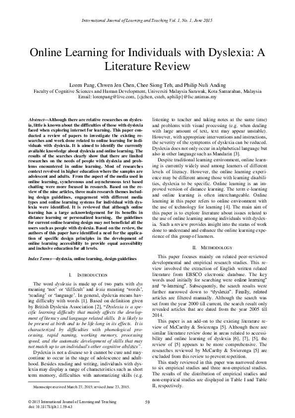 (PDF) Online Learning for Individuals with Dyslexia: A Literature Review