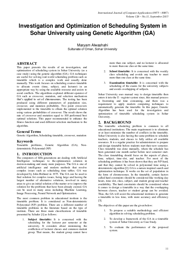 (PDF) Investigation and Optimization of Scheduling System in Sohar University using Genetic ...