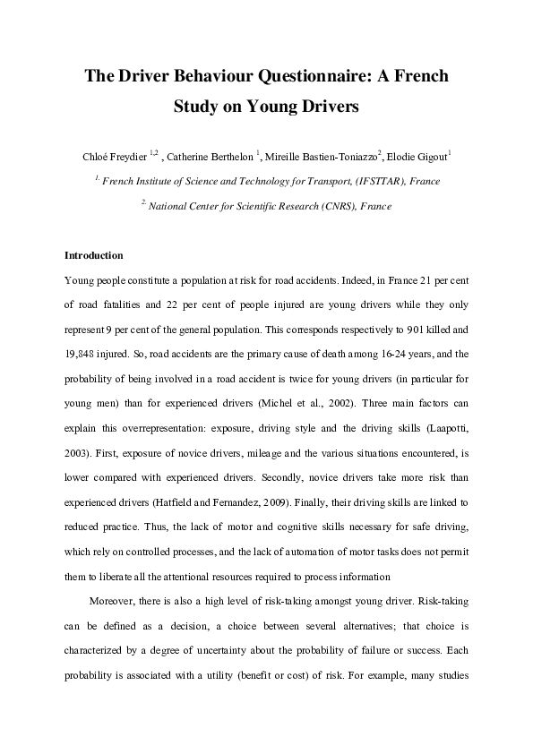 (PDF) The Driver Behaviour Questionnaire: A French Study on Young Drivers