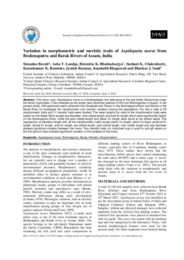 (PDF) Variation in morphometric and meristic traits of Aspidoparia ...