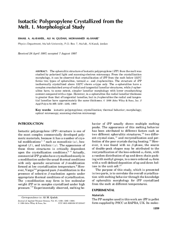 (PDF) Isotactic polypropylene crystallized from the melt. I ...