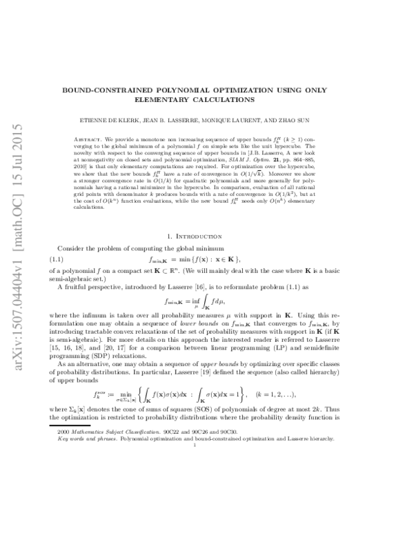 (PDF) Bound-Constrained Polynomial Optimization Using Only Elementary Calculations | Jean B ...