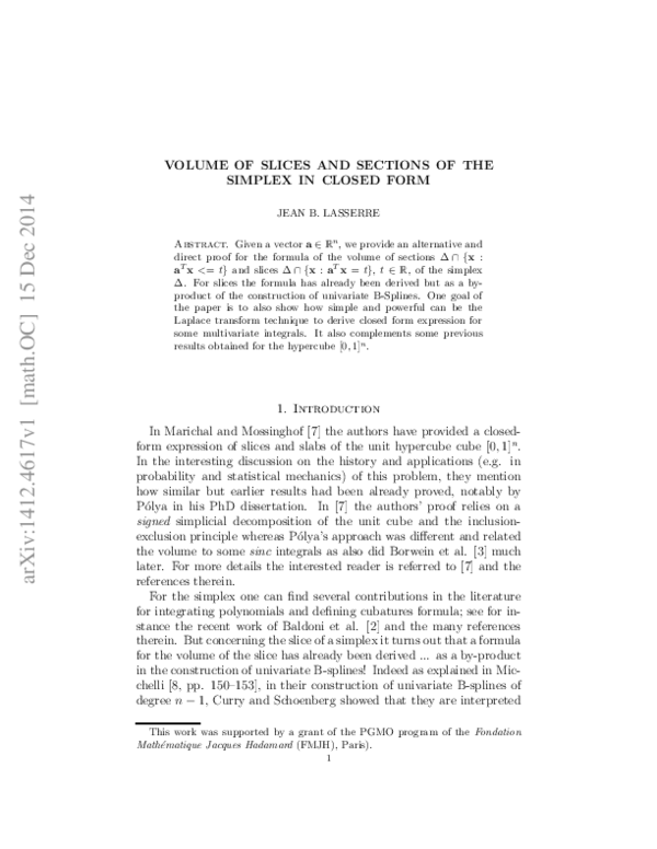 (PDF) Volume of slices and sections of the simplex in closed form