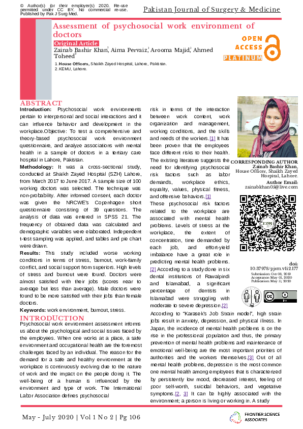(PDF) Assessment of psychosocial work environment of doctors