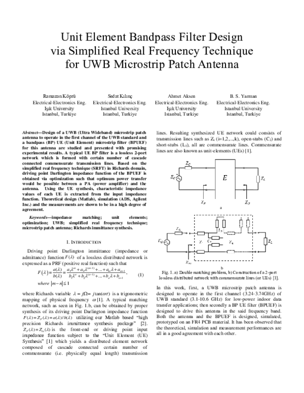 Pdf Unit Element Bandpass Filter Design Via Simplified Real Frequency