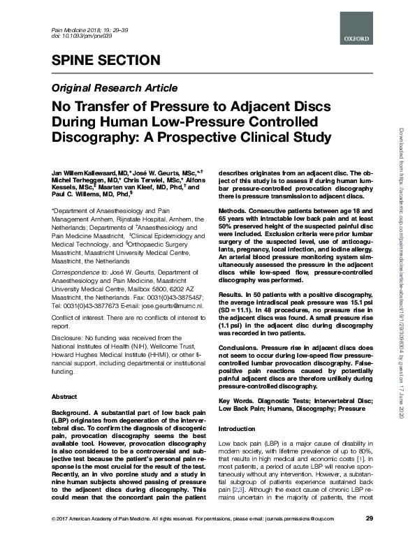 (PDF) No Transfer of Pressure to Adjacent Discs During Human Low ...
