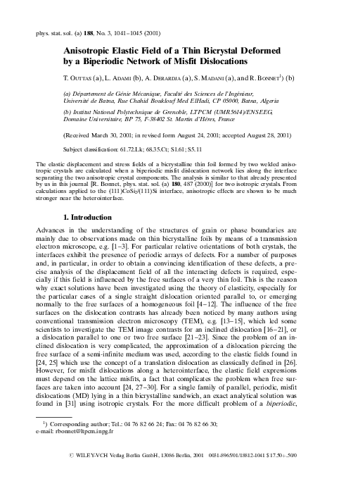 (PDF) Anisotropic Elastic Field of a Thin Bicrystal Deformed by a Biperiodic Network of Misfit ...