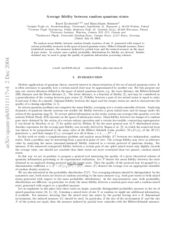 (PDF) Average fidelity between random quantum states