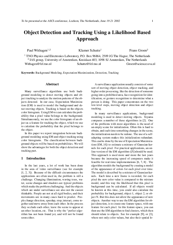 Pdf Object Detection And Tracking Using A Likelihood Based Approach 0209