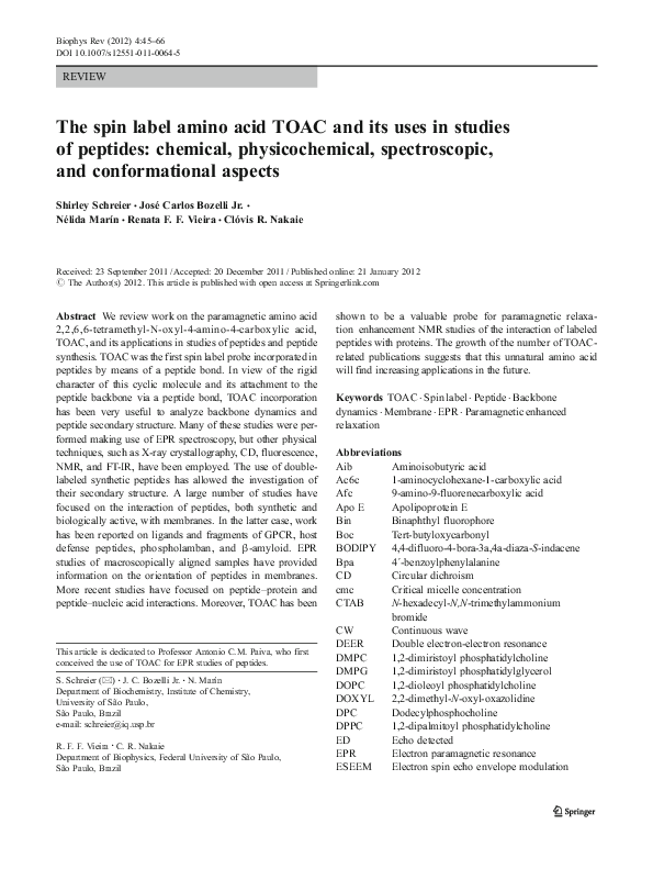 (PDF) The spin label amino acid TOAC and its uses in studies of ...