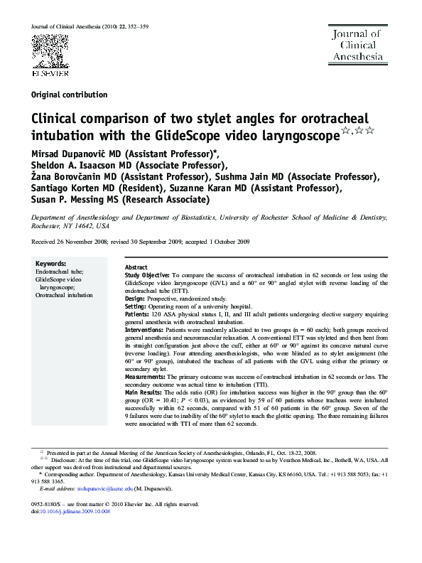 (PDF) Clinical comparison of two stylet angles for orotracheal ...