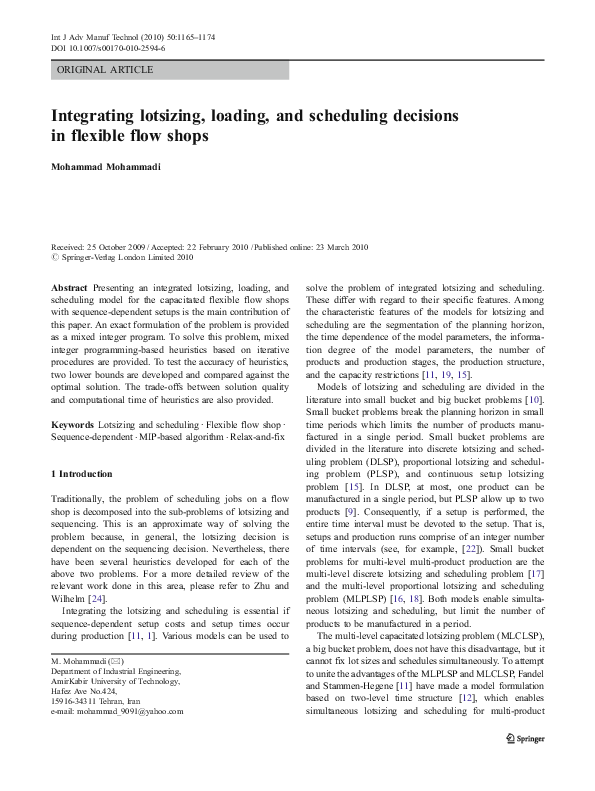 (PDF) Integrating lotsizing, loading, and scheduling decisions in flexible flow shops