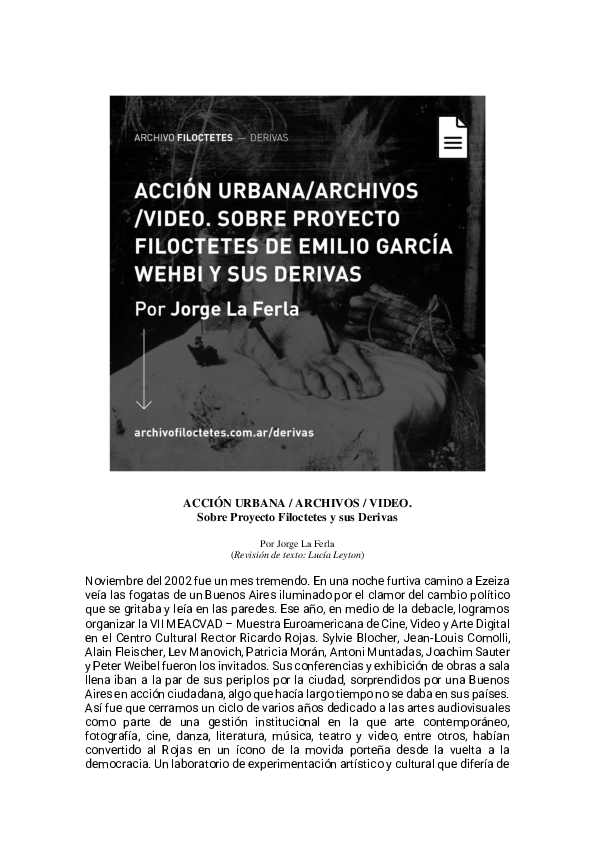 (PDF) ACCIÓN URBANA / ARCHIVOS / VIDEO. Sobre Proyecto Filoctetes y sus ...