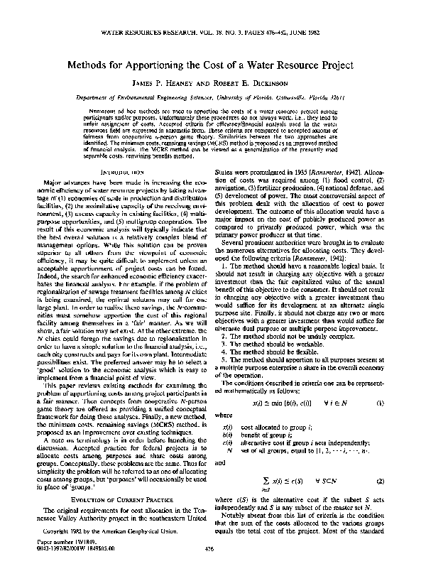 (PDF) Methods for apportioning the cost of a water resource project