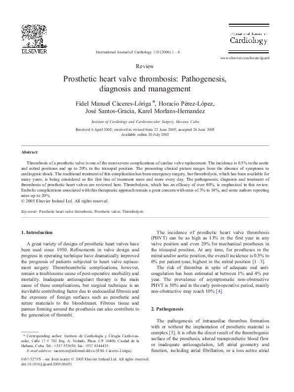 (PDF) Prosthetic heart valve thrombosis: Pathogenesis, diagnosis and ...