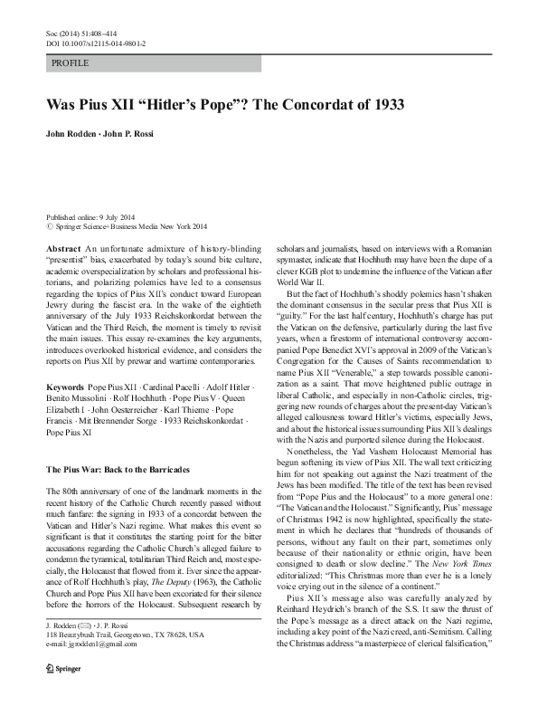(PDF) Was Pius XII “Hitler’s Pope”? The Concordat of 1933