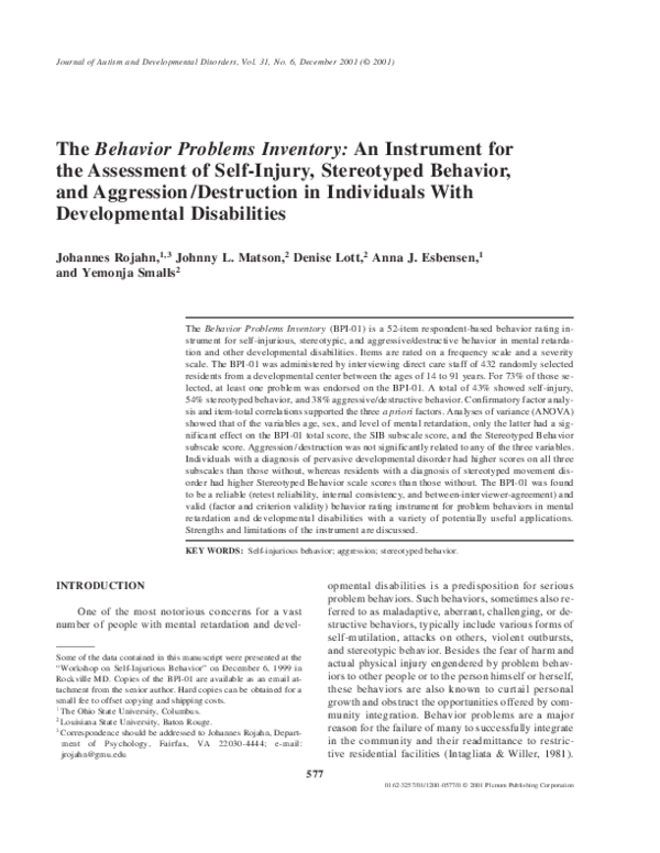 (PDF) The Behavior Problems Inventory: an instrument for the assessment ...
